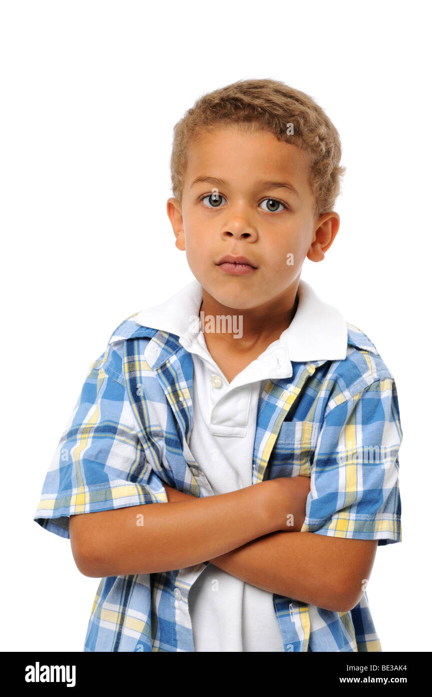 Little boy with crossed arms isolated on white Stock Photo - Alamy