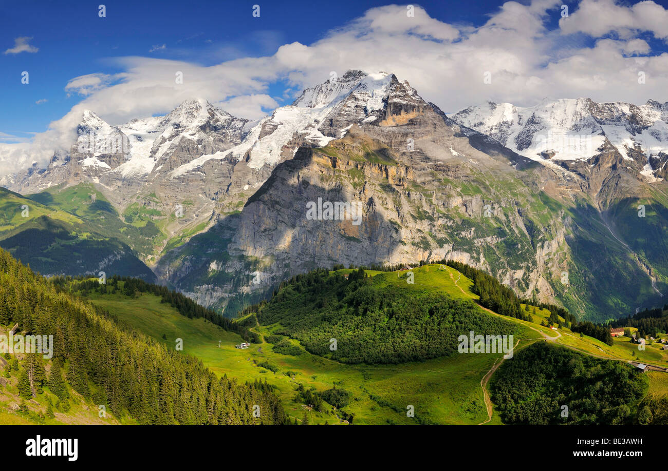 View to Mt. Allmendhubel and to the Bernese Alps with the Eiger, Moench ...