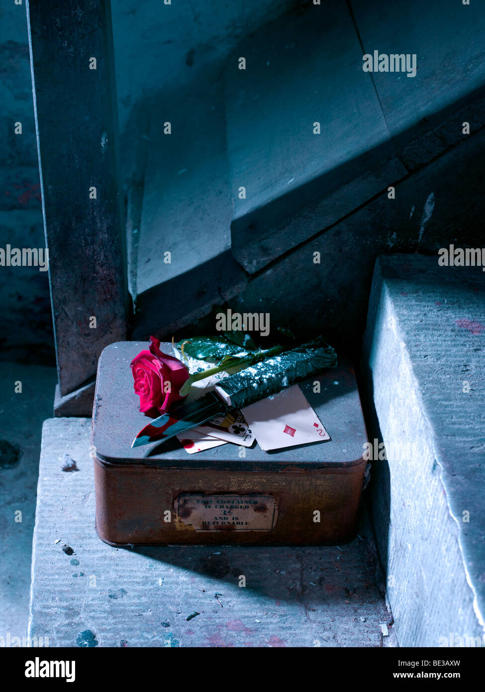 Bloody cards on the steps Stock Photo - Alamy