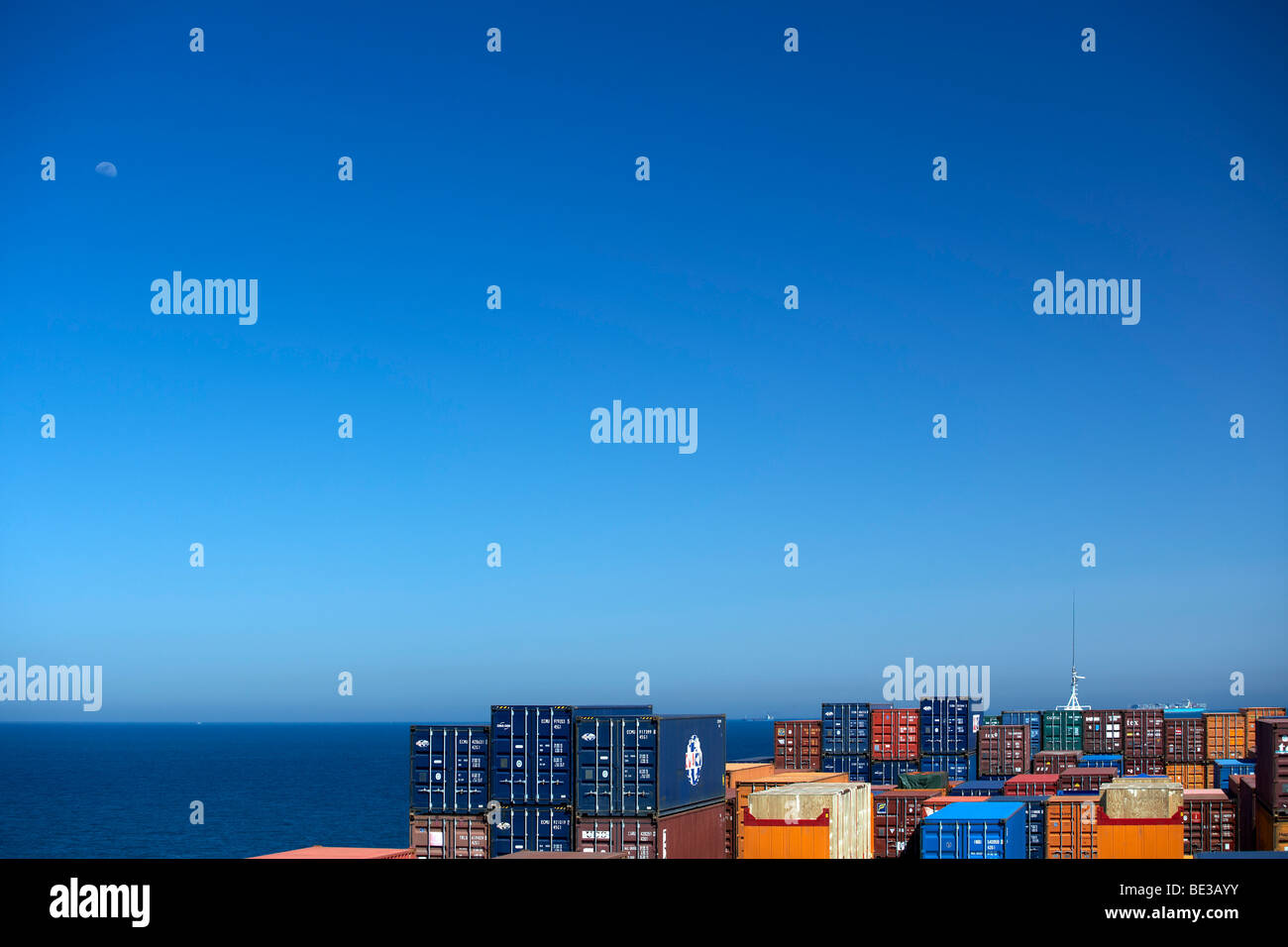 Container, container ship, sea, moon Stock Photo - Alamy