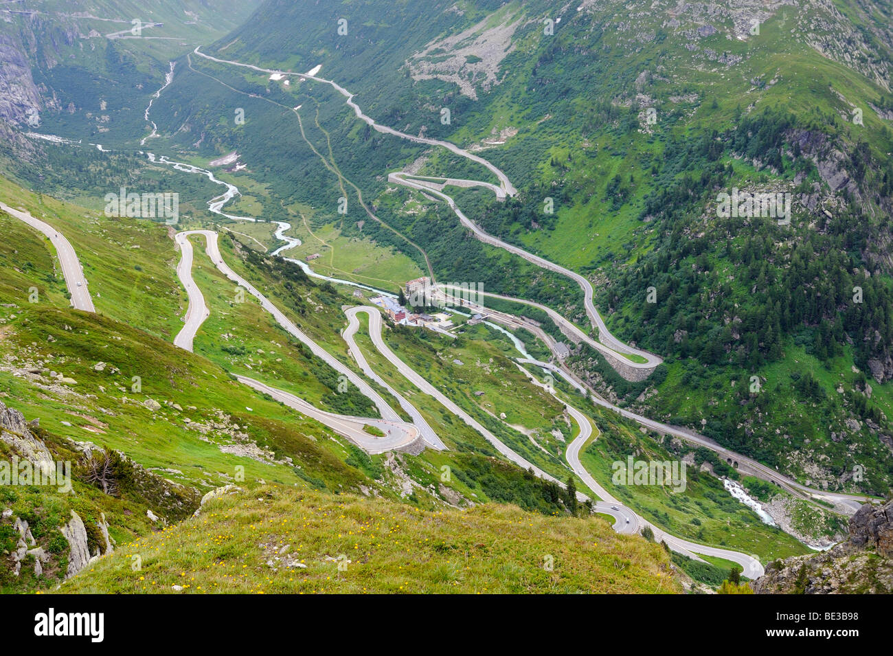 View of the Grimselpass pass, south road on the left, and the Furkapass ...