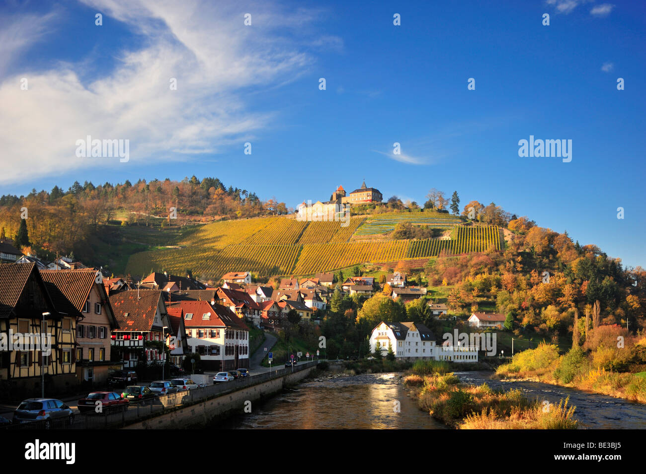 Murg River and Eberstein Castle, view of village, Gernsbach Obertsrot ...