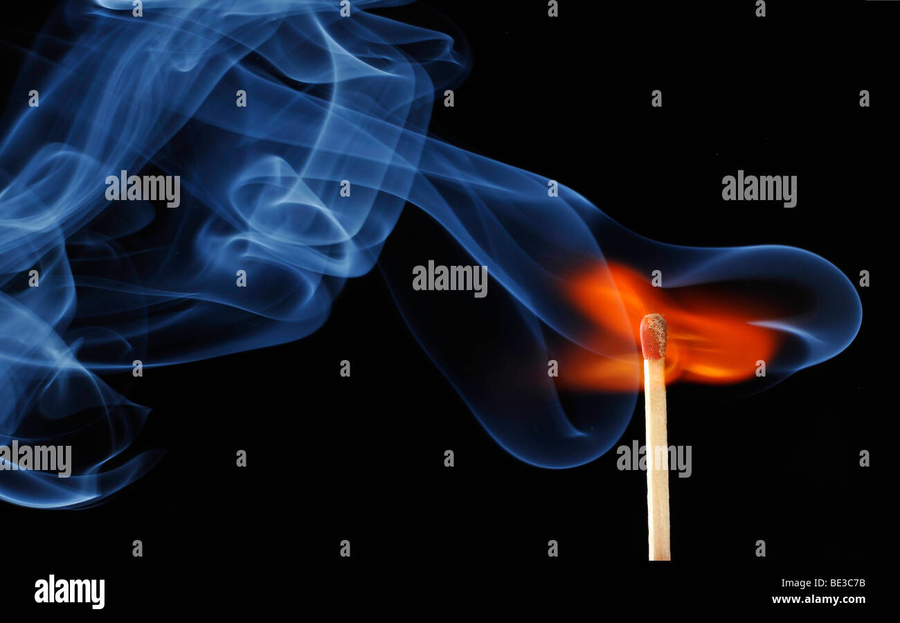 Lit match, flame, blue smoke Stock Photo - Alamy
