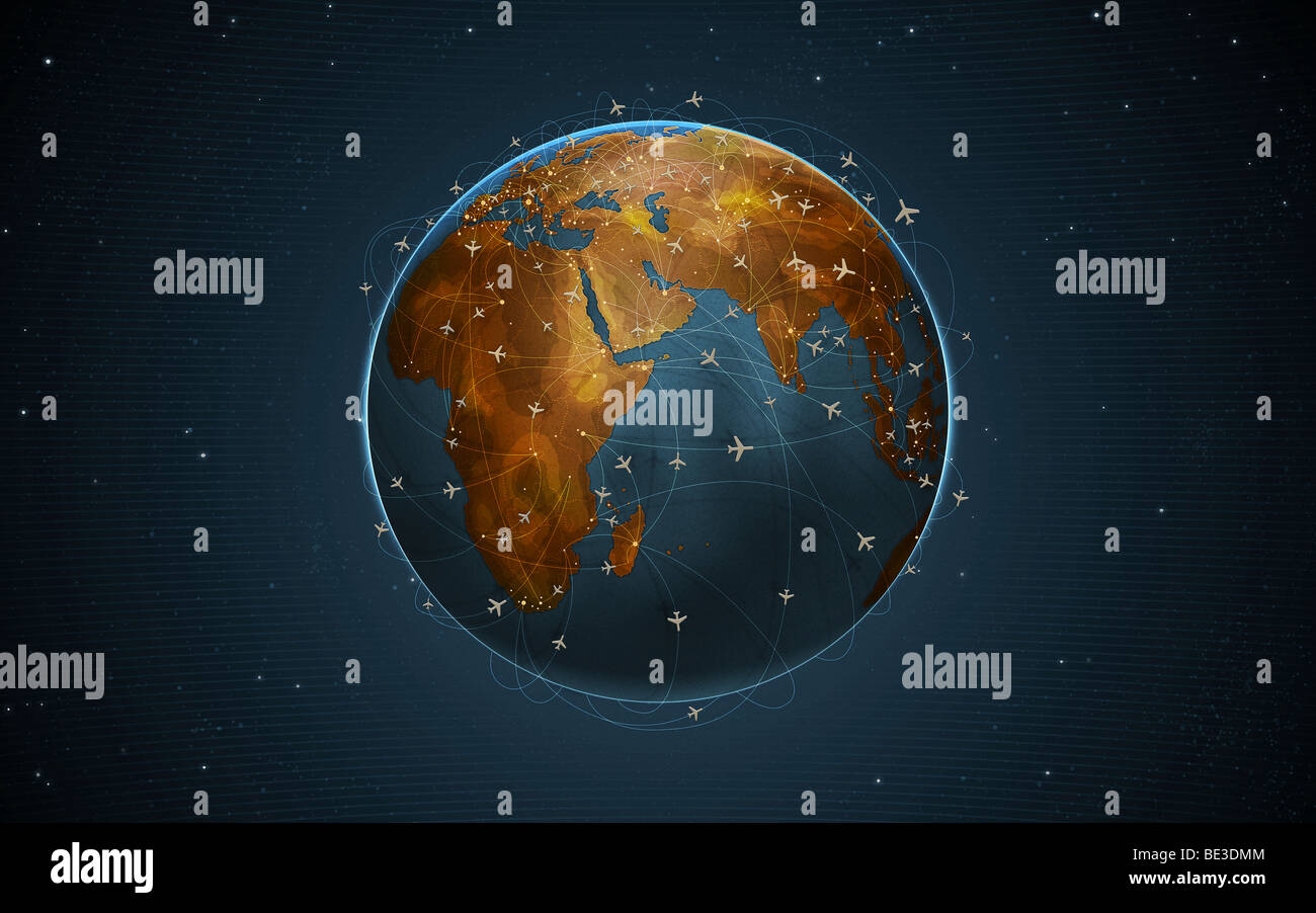 Digitally generated image of airline flight paths around the globe ...