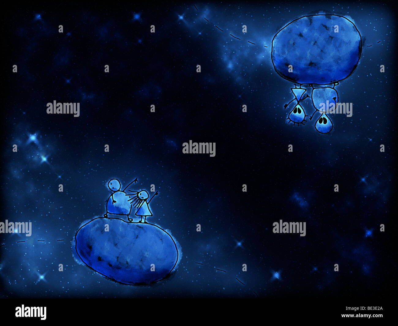 Illustration of humans and aliens in outer space Stock Photo - Alamy