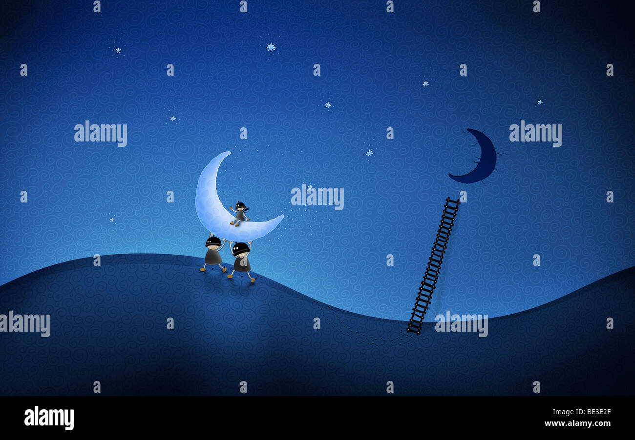 Illustration cartoon characters stealing moon hi-res stock photography ...
