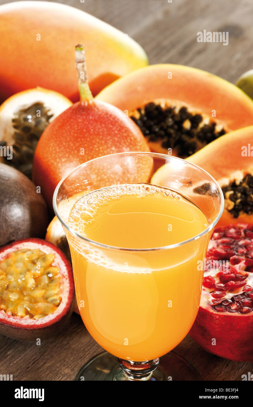 Fruit juice with exotic fruits, Mango, Passionfruit, Grenadilla, Papaya ...