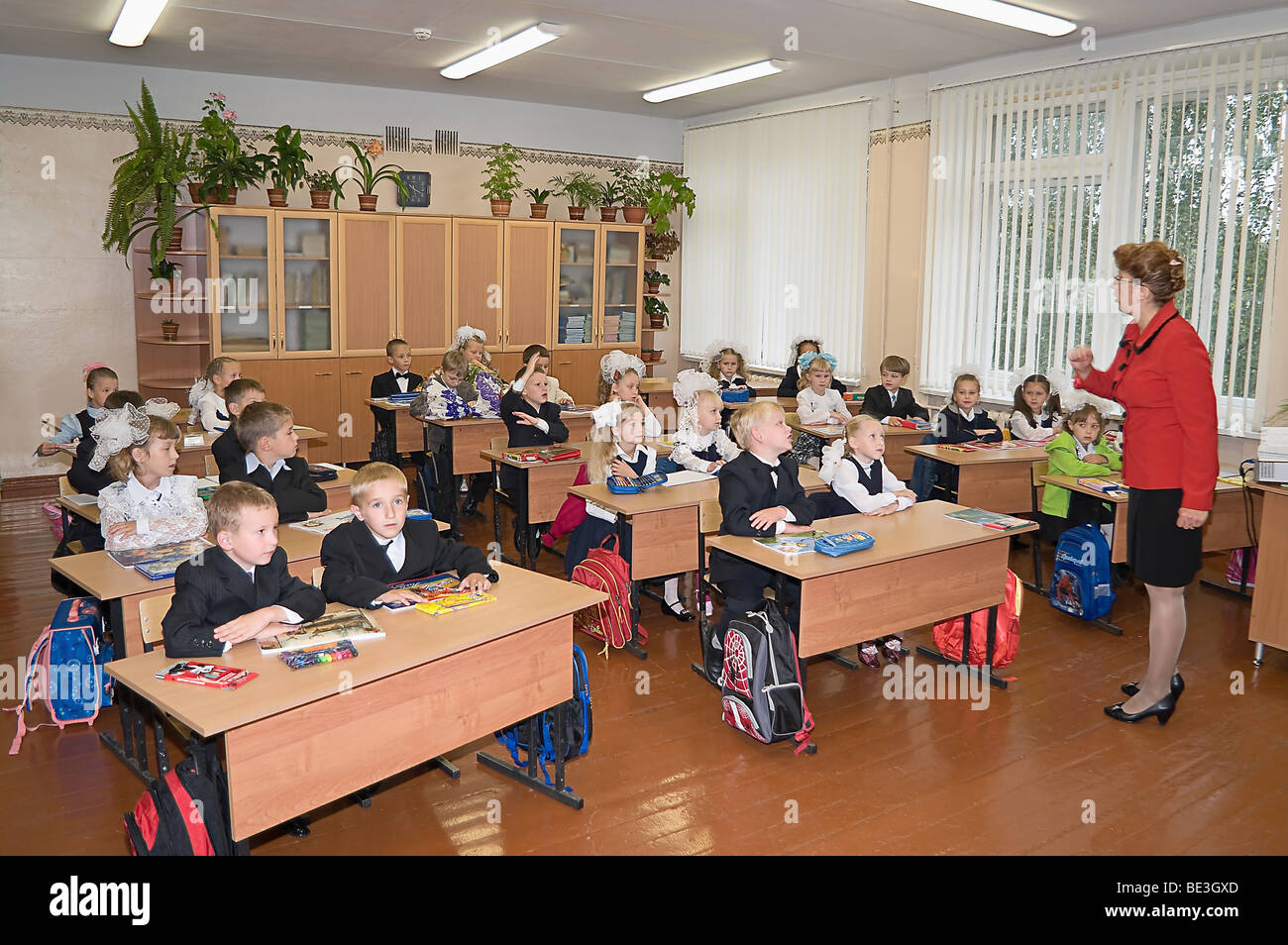 Children Caucasians sit in classroom during the lesson in Russian ...