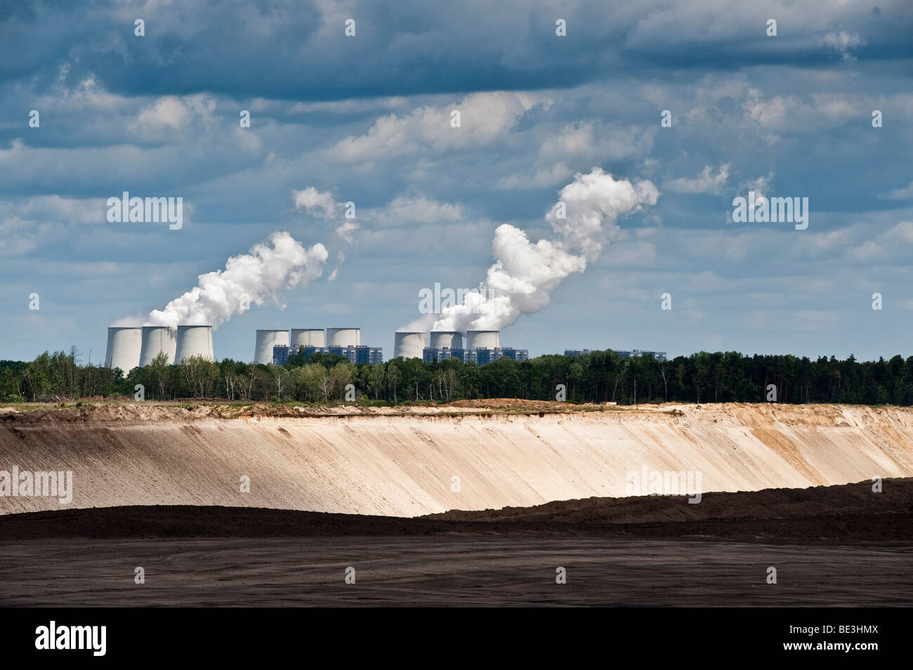 Lignite strip mining Cottbus Nord and coal power plant Jaenschwalde ...