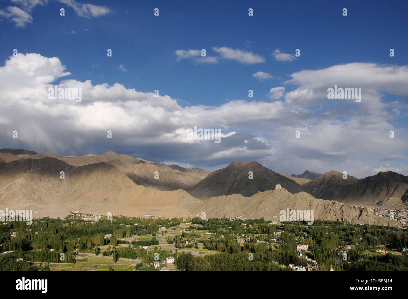 Leh oasis with Gonkhang monastery and castle ruins on the mountain ...