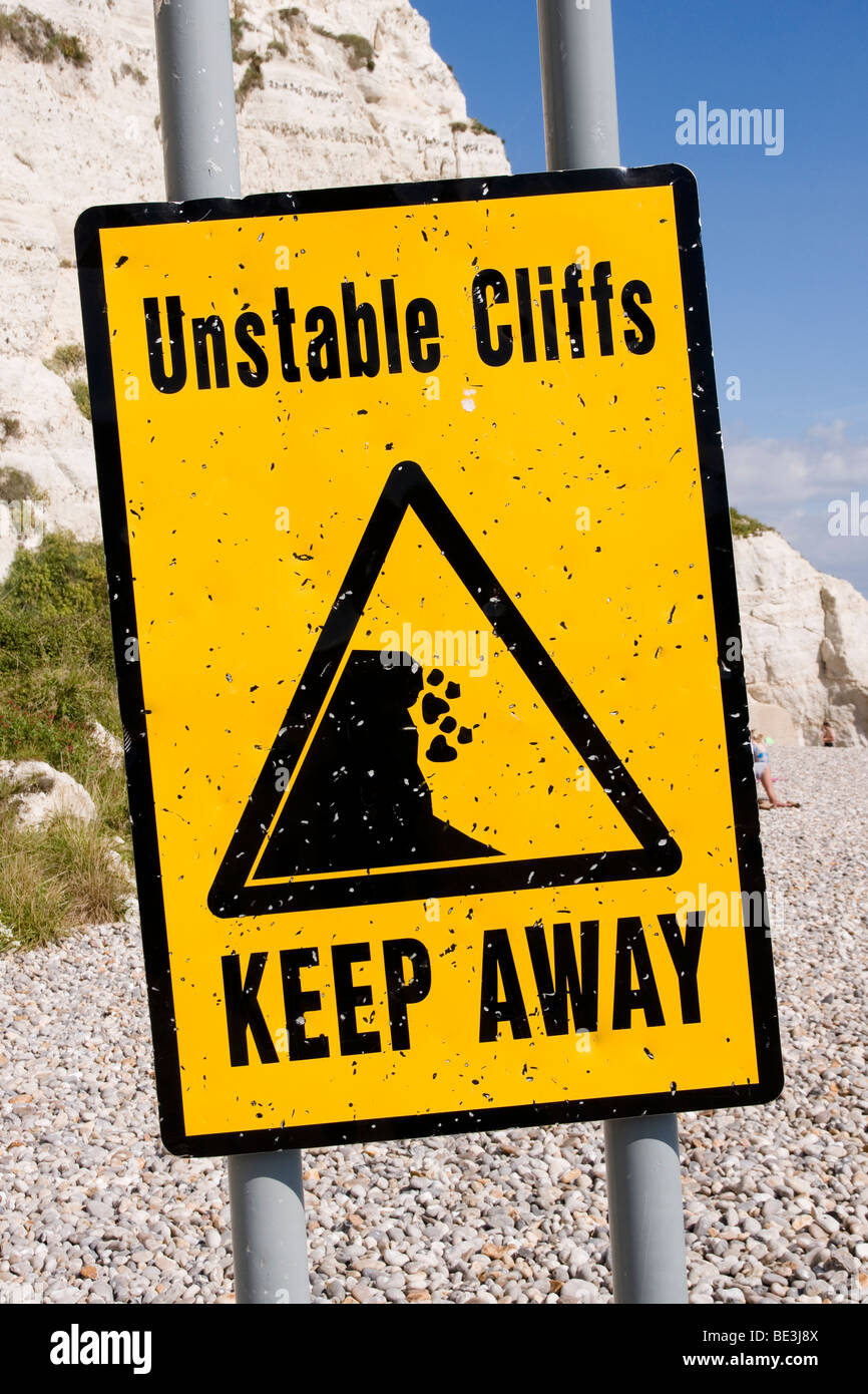 Beer Devon England UK Yellow Unstable cliffs sign Stock Photo - Alamy