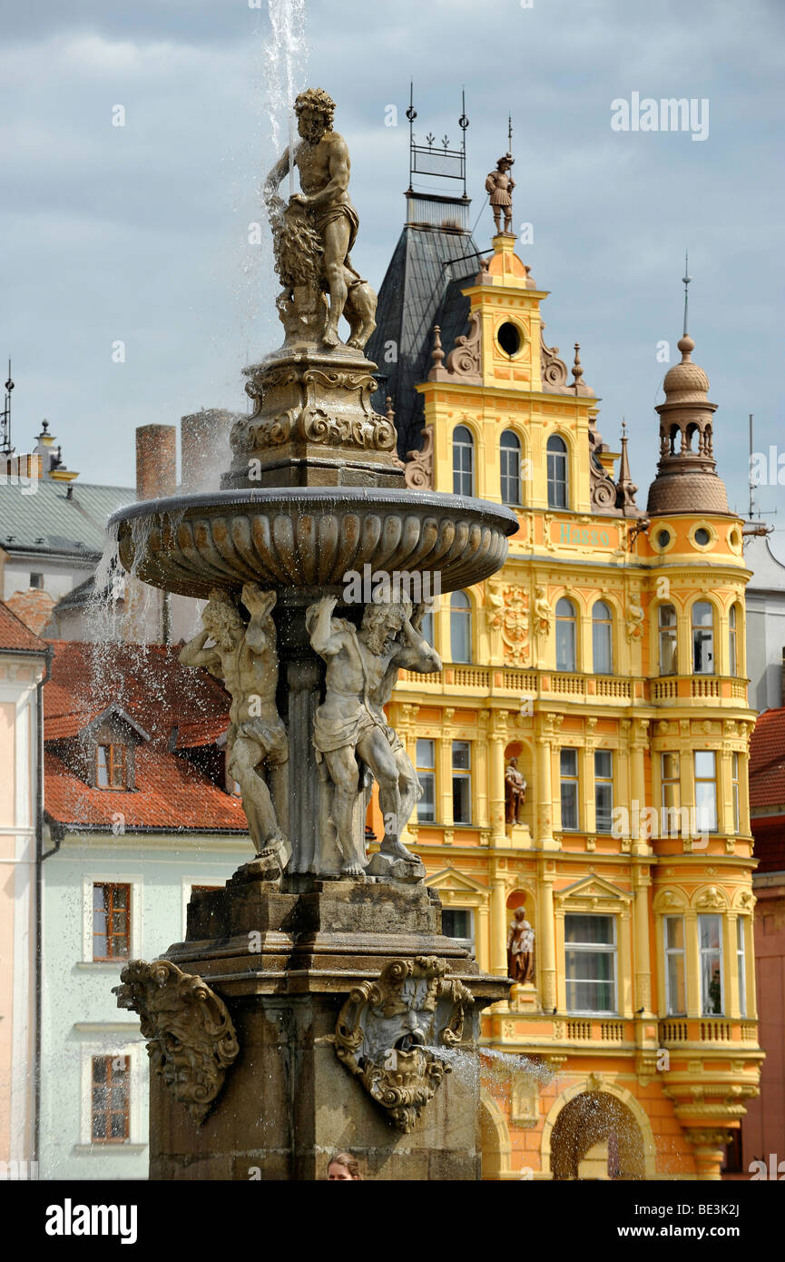 Historic Old Town, market square with Samson Fountain, Ceske Budejovice ...