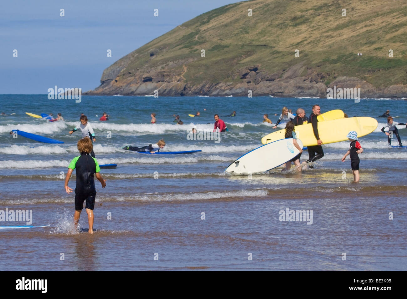 body boarding and surfing at Croyde Bay, North Devon, England, UK Stock ...