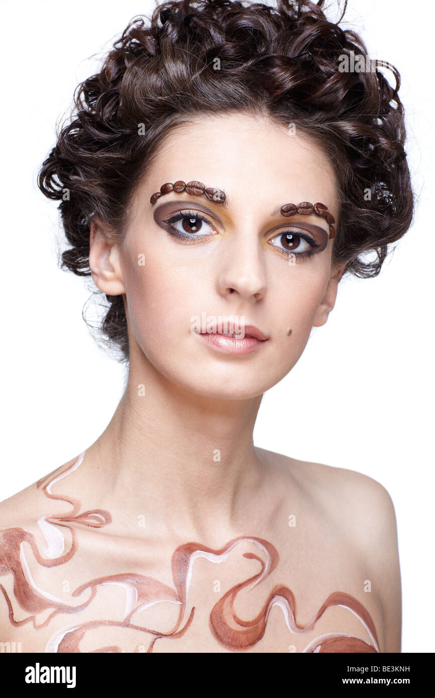 Portrait of girl with coffee theme body-art Stock Photo - Alamy