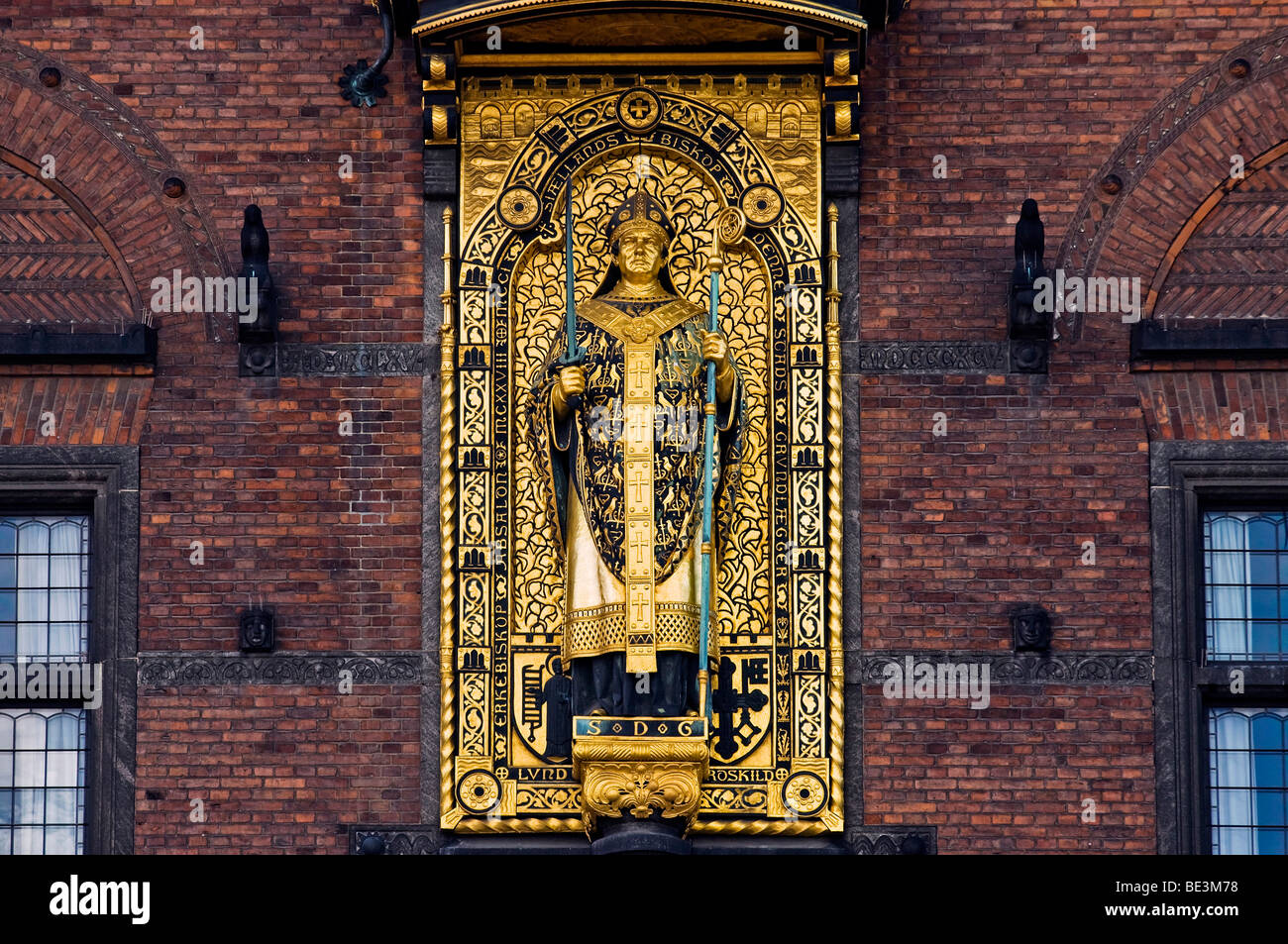 The gilded figure of the town founder, Bishop Absalon on the facade of ...