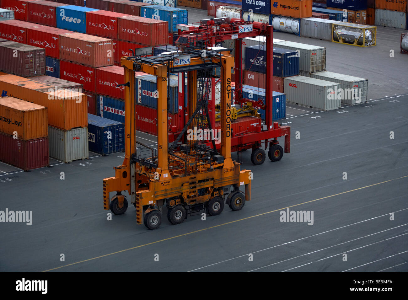 Container, straddle carrier, container port, Antwerp, Belgium, Europe ...