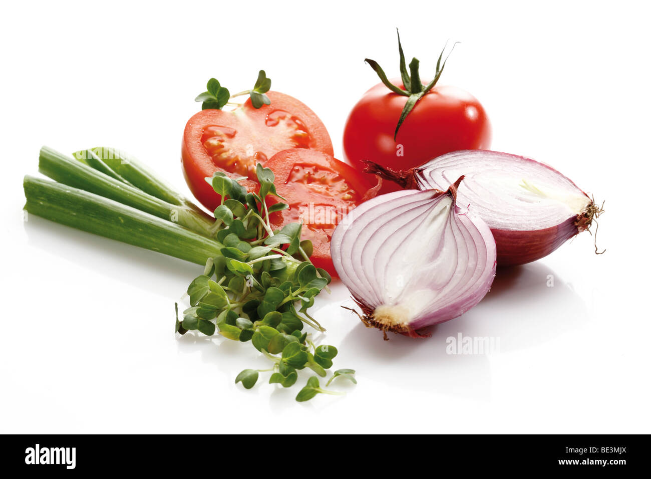 Tomatoes, cress, spring onion, red onion Stock Photo - Alamy