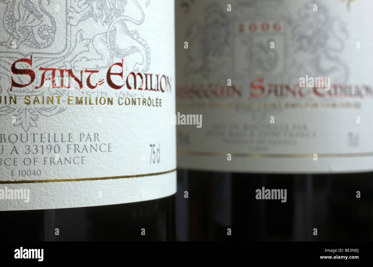 Two bottles of St Emilion red wine showing the label from the Bordeaux ...