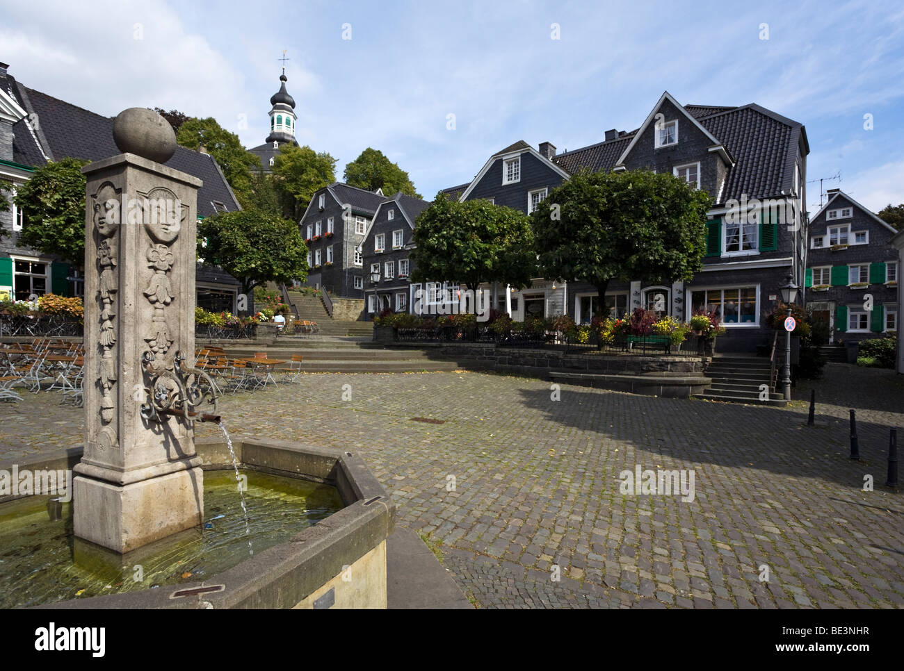 Marketplace of Solingen-Graefrath with slate shingle covered buildings ...