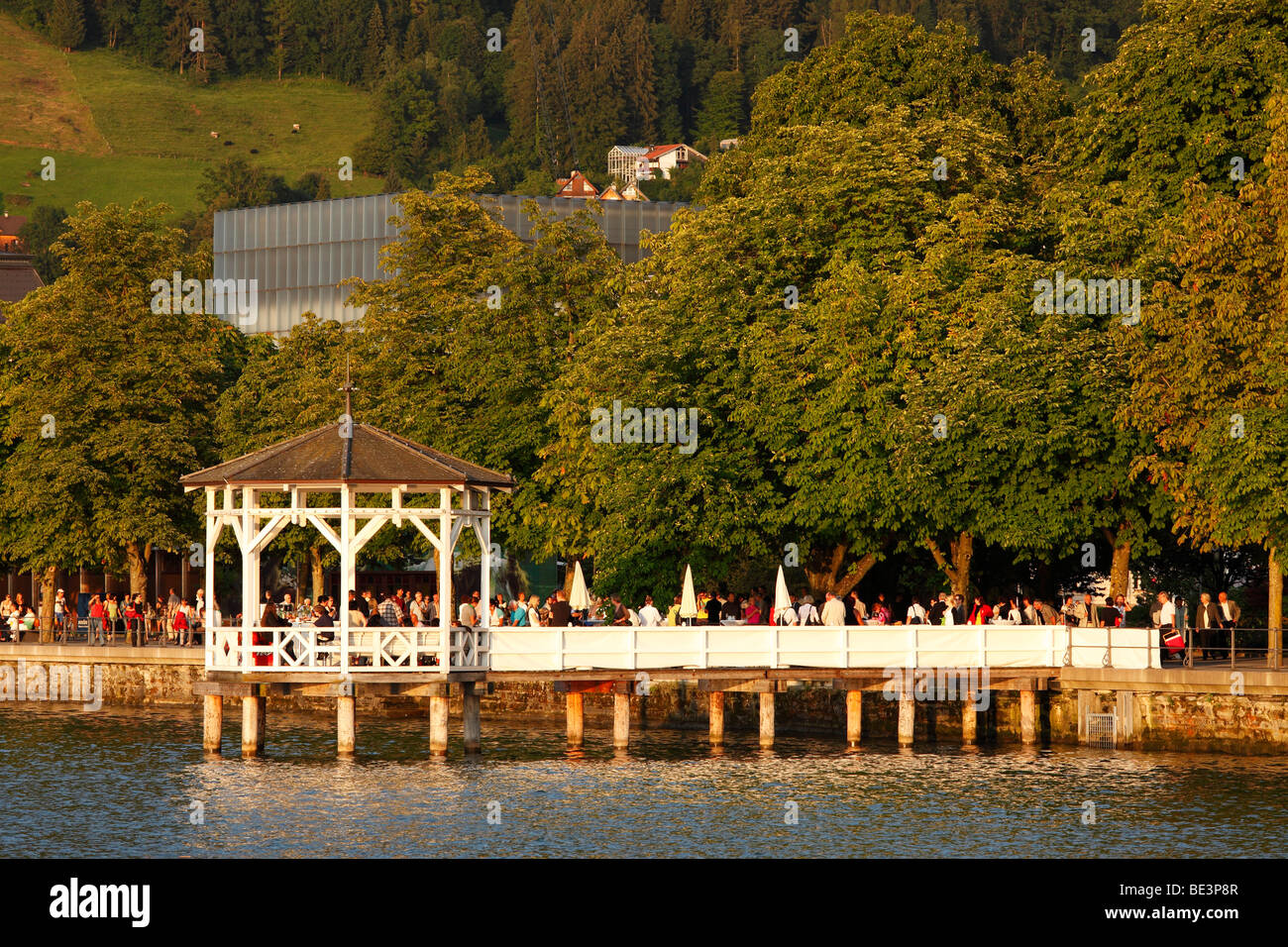 Pavilion on a lakeside promenade in front of Kunsthaus Bregenz gallery ...