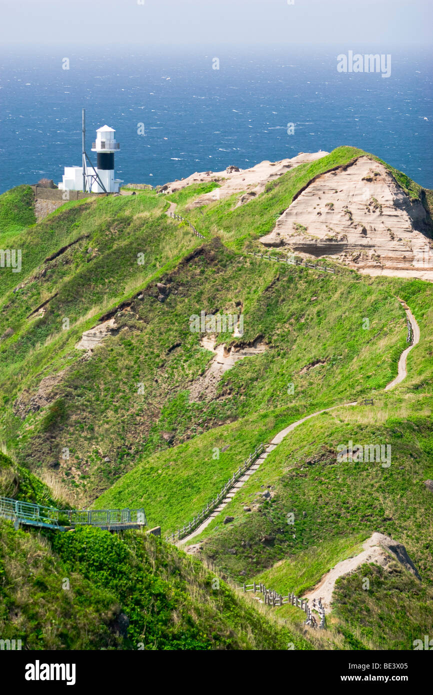 A lighthouse at the very end of a long, winding path leading along ...