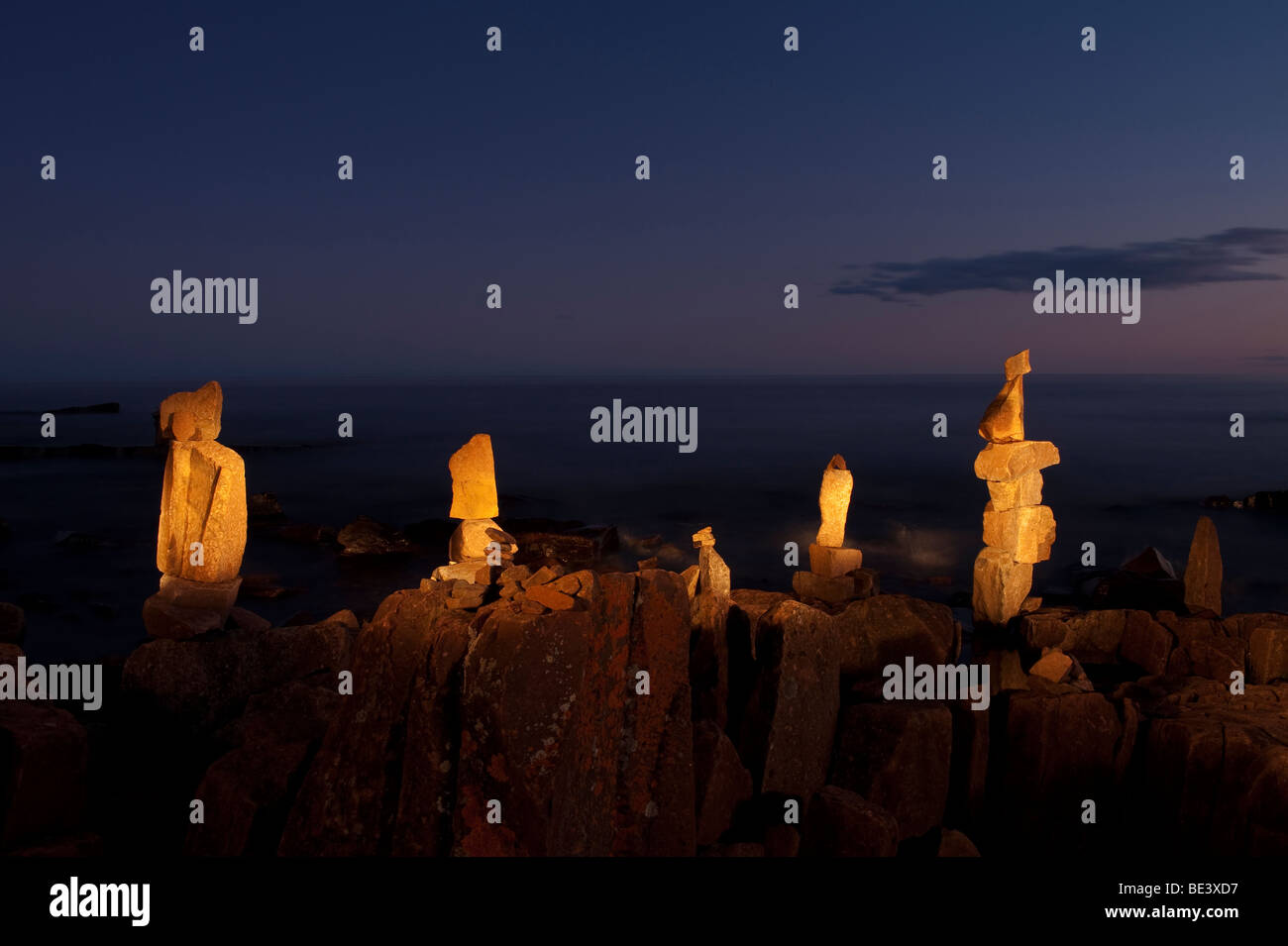 LIGHT PAINTED ROCK CAIRNS ARTIST'S POINT, GRAND MARAIS MINNESOTA Stock ...