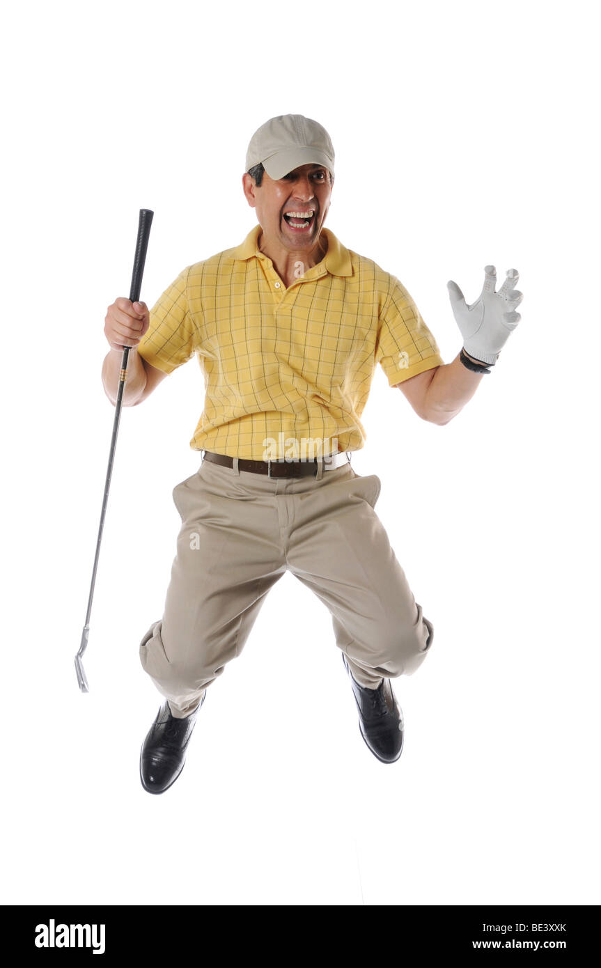 golfer jumping and celebrating isolated on a white background Stock ...