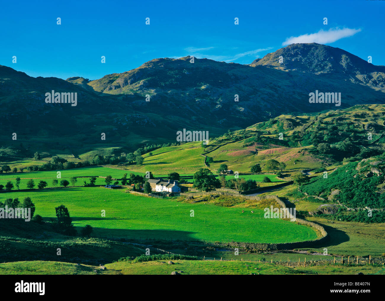 A view down into the Kentmere valley with farm buildings in the Lake ...