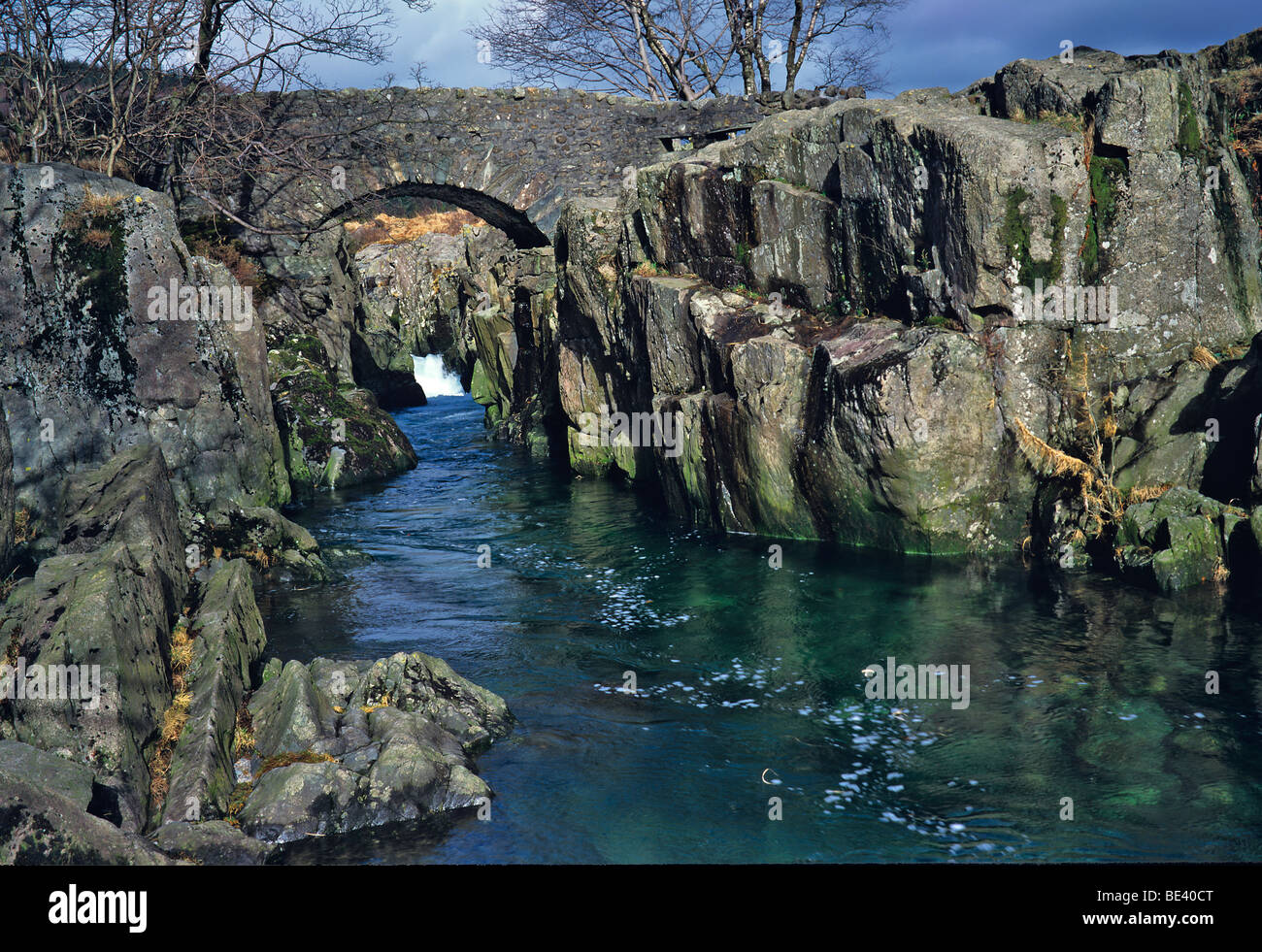 A traditional stone arched bridge over the River Duddon in the Lake ...