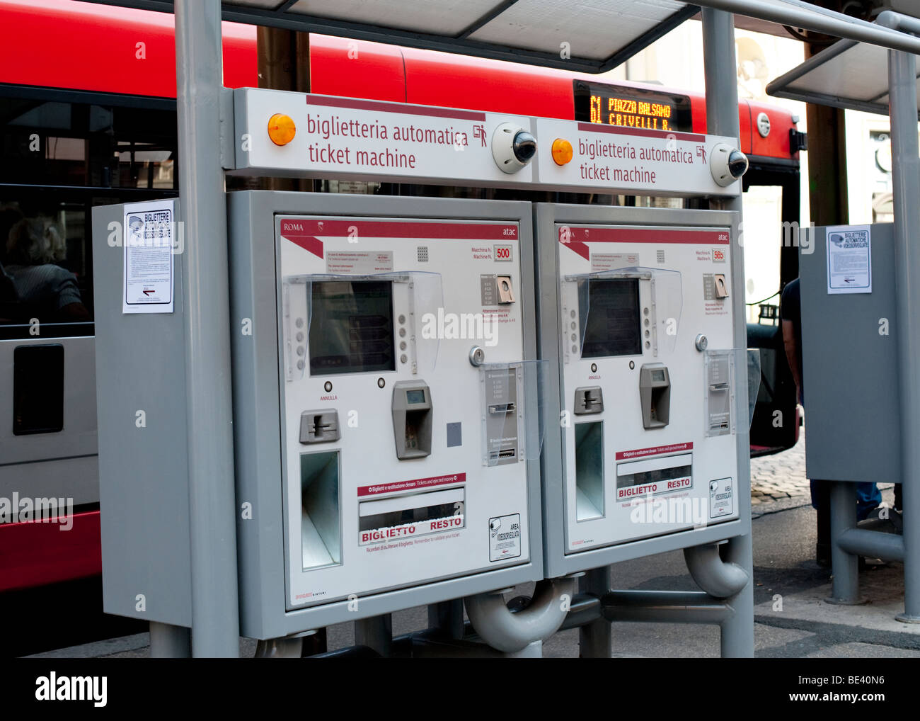 An automated ticket machine at a bus depot in Rome, Italy, with a Roman ...
