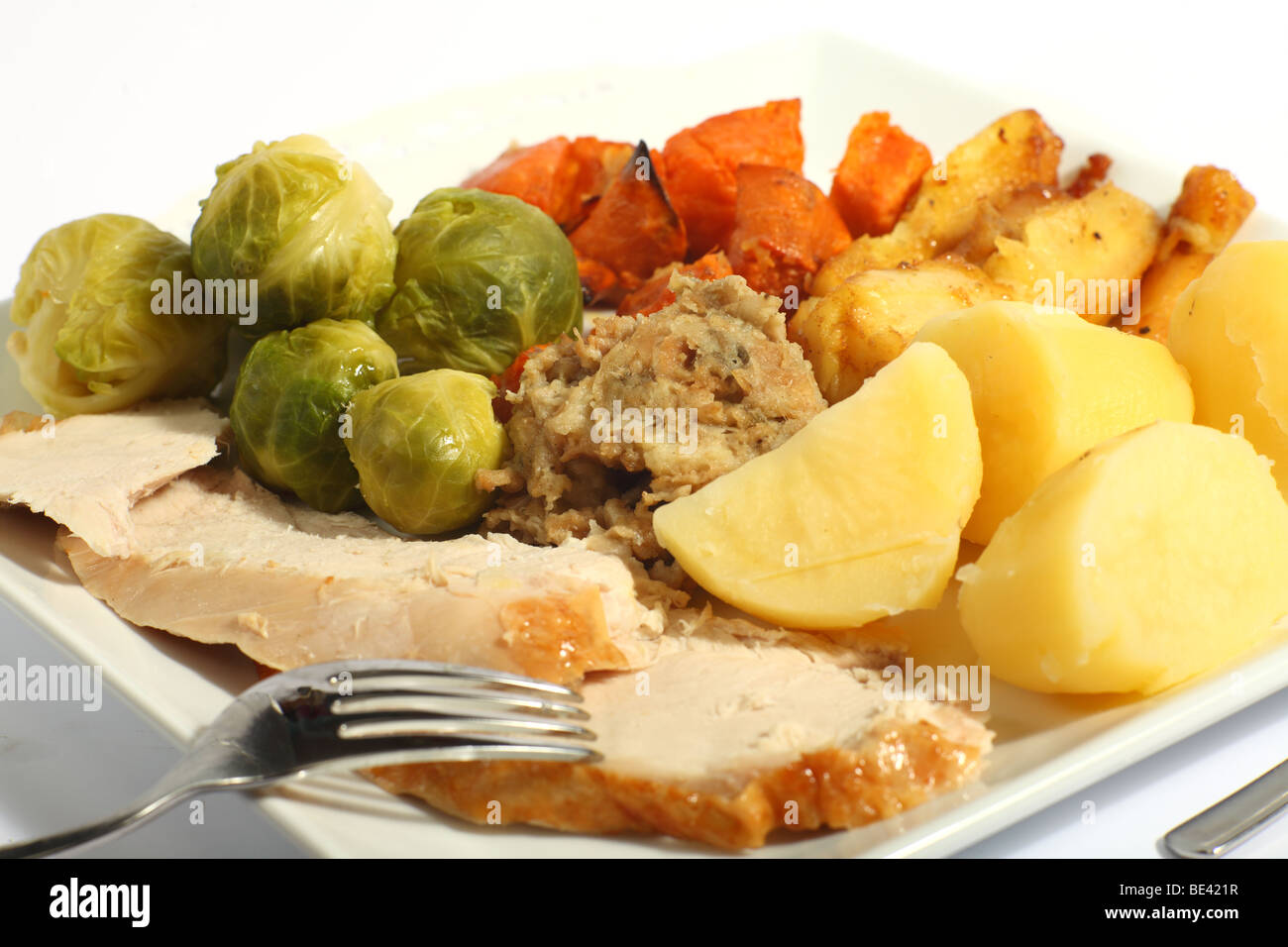 A meal of roast turkey with all the trimmings - brussels sprouts, roast ...