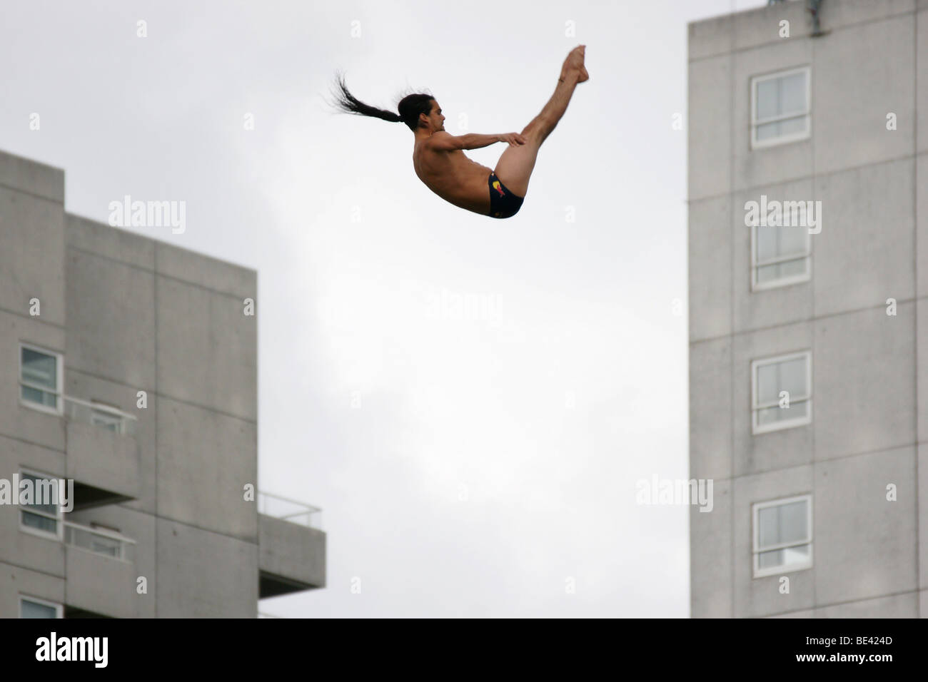 Man competitor jumping diving at Red Bull dive competition Rotterdam ...