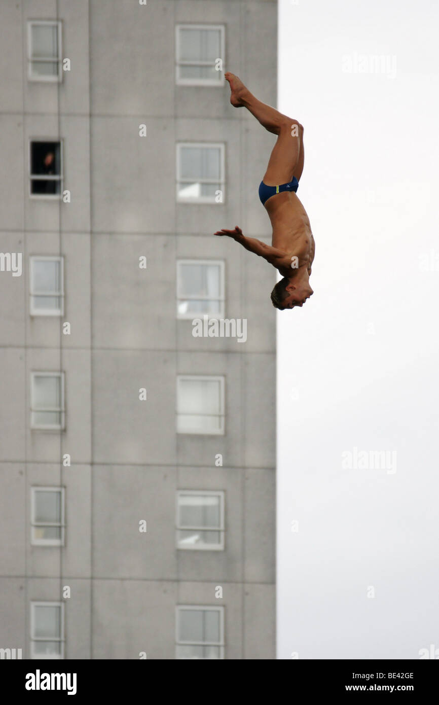 Man competitor jumping diving at Red Bull dive competition Rotterdam ...