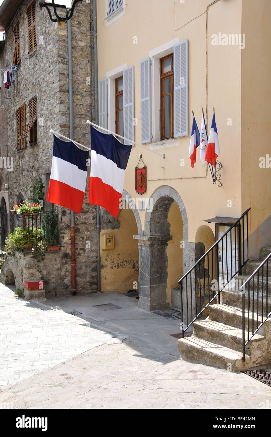 Flags of France hanging outside the "Mairie" during the fete at Marie ...