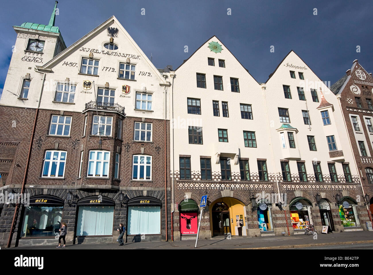 Waterfront in Bergen, Norway known as the Bryggen district. Old wood ...