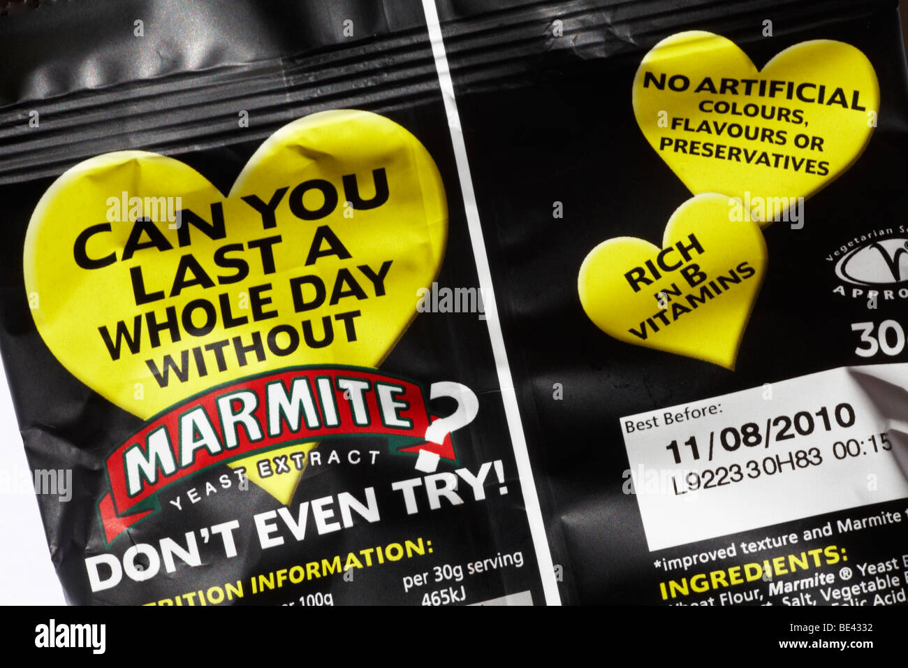 marmite messages on packet of Marmite breadsticks, Bread Sticks Stock ...