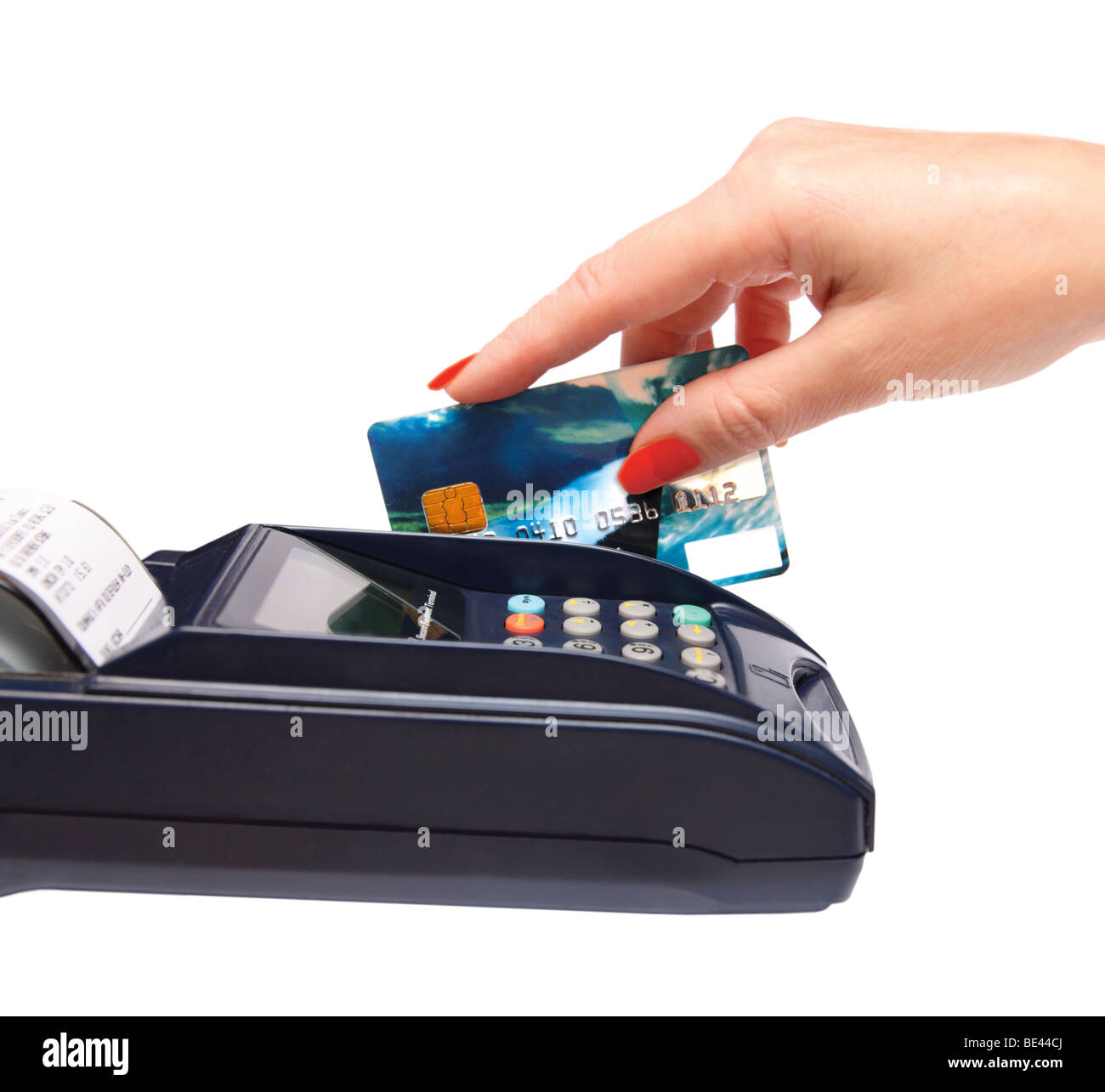 transaction - women hand with credit card in payment terminal Stock ...