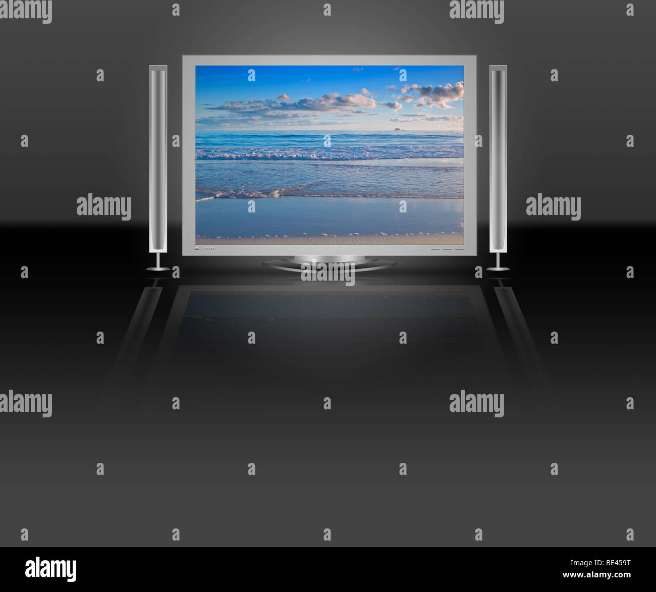 great illustration of a lcd or plasma tv showing a nature beach scene ...