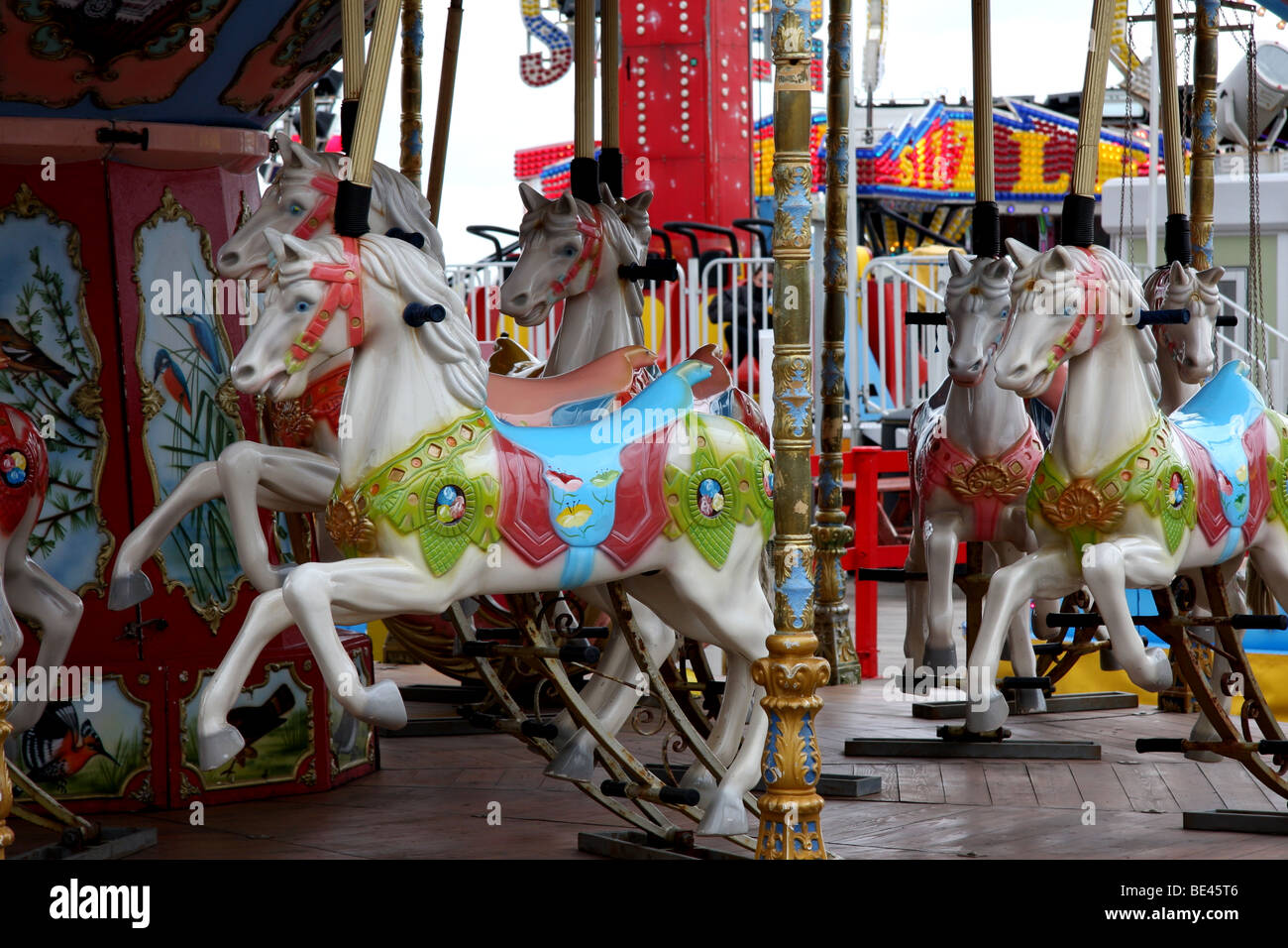Flying horses carousel ride on Central Pier, Blackpool Stock Photo - Alamy