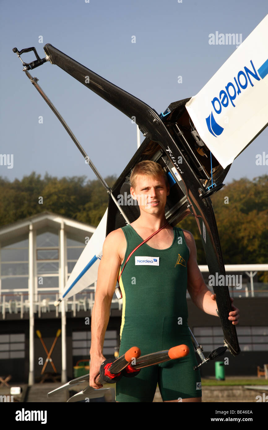 The Danish elite rower Henrik Stephansen preparing to lower his single ...