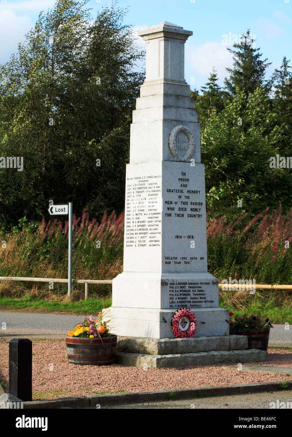 War memorial and Lost road sign at Strathdon, Aberdeenshire, Scotland ...