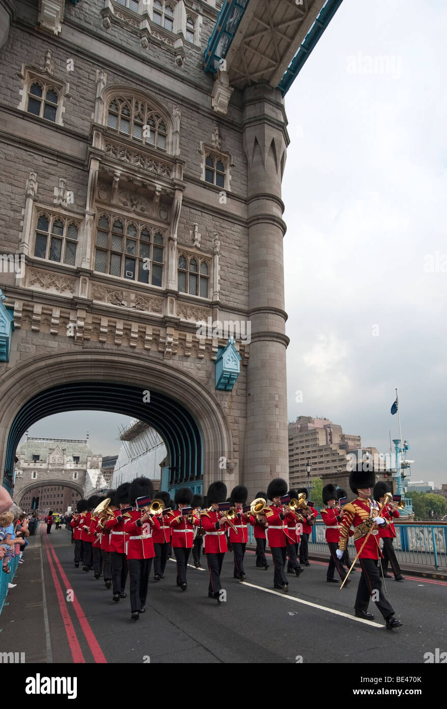 The Band of the Scots Guards parades across Tower Bridge to mark the ...