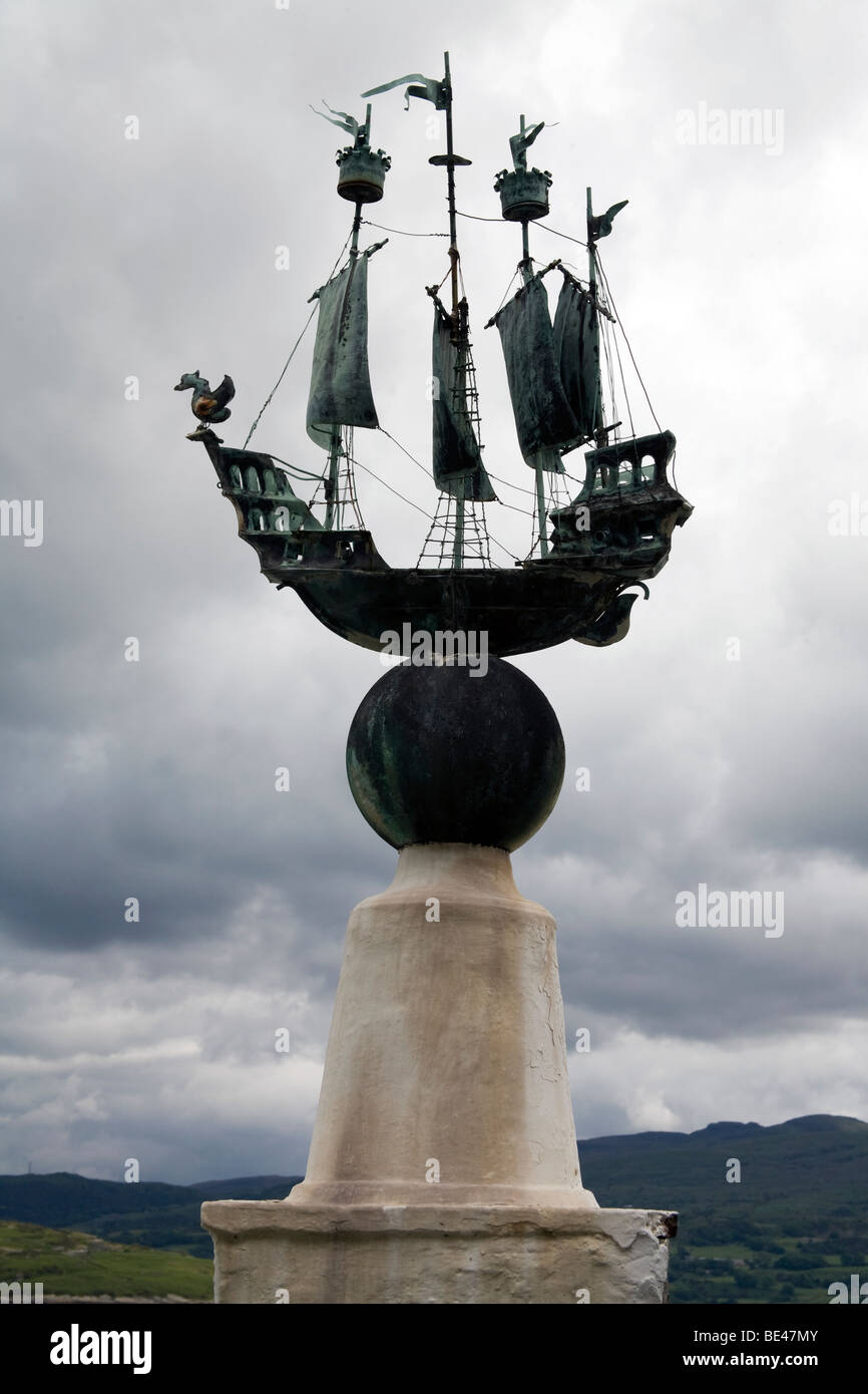 Statue of an iron sailing ship outside the hotel, Protmeirion Gwynedd ...