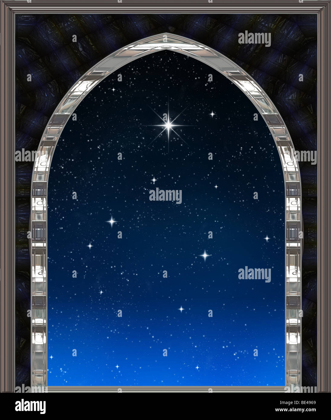 gothic or science fiction window looking into starry night sky with ...