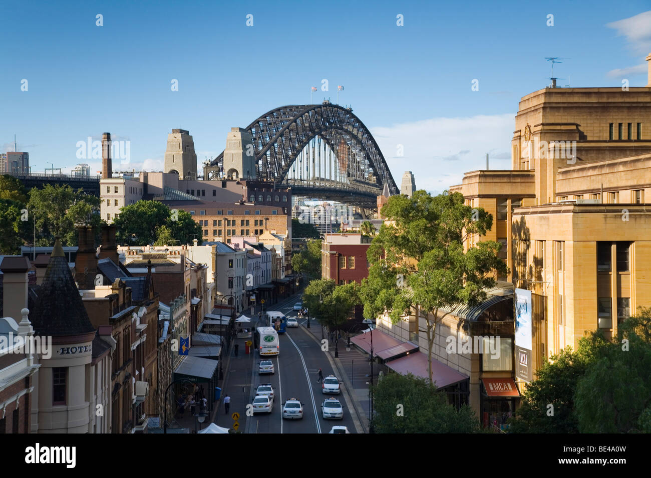 View along historic George Street in The Rocks district, with Sydney ...