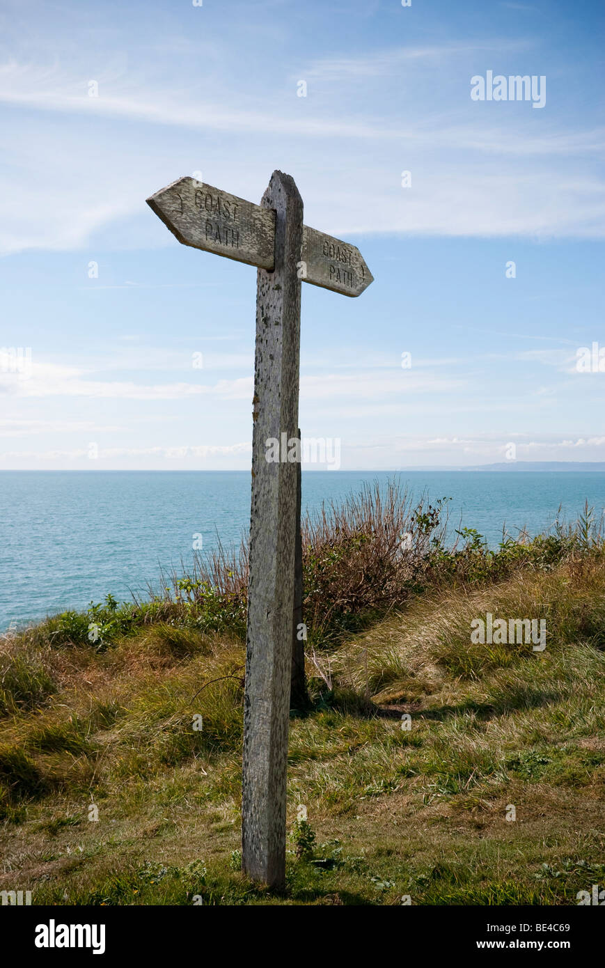 Signpost on the south coast path, part of the Jurassic Coastline Stock ...