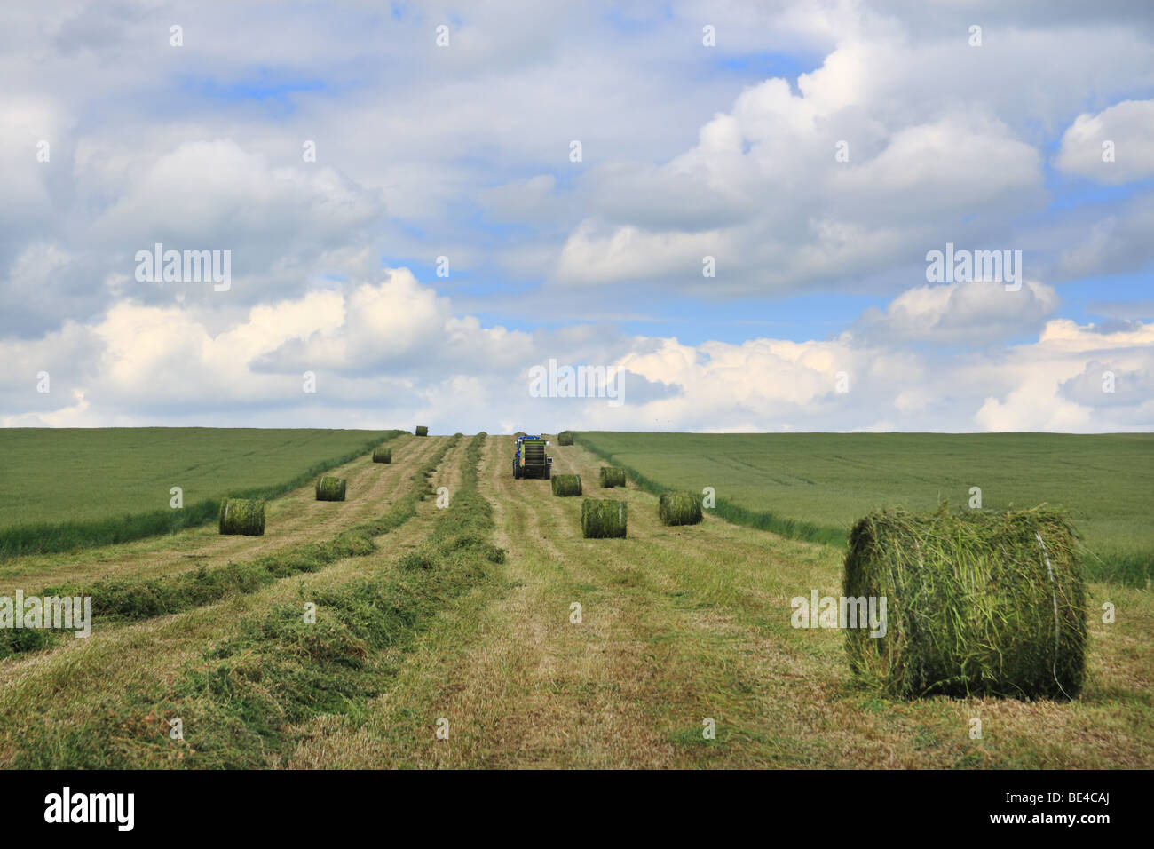 Baling hay in a field using a tractor and a round baler Stock Photo - Alamy