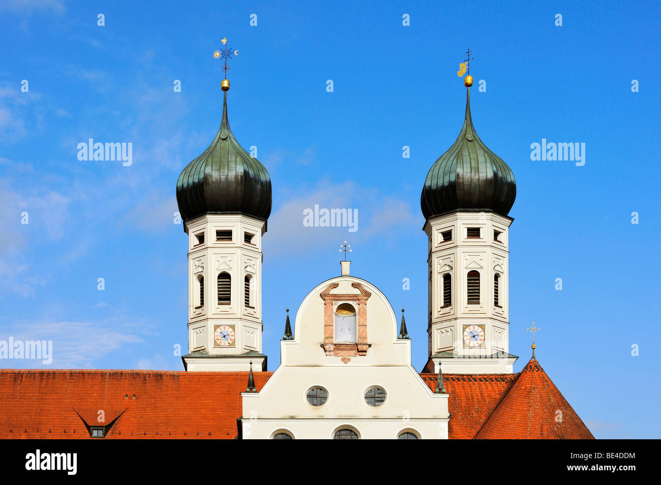 The baroque towers of the basilica of Kloster Benediktbeuern monastery ...