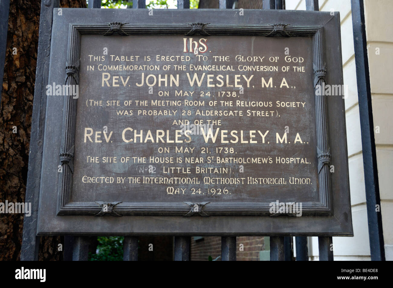 Tablet commemorating the evangelical conversion of Rev John Wesley and ...