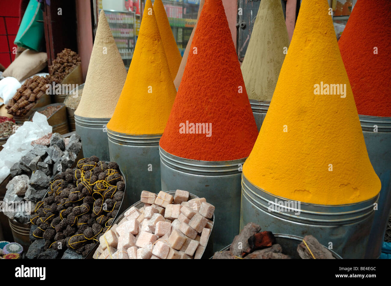 Colourful Powder Cones of Herbs and Spices on Display at a Herbalist ...